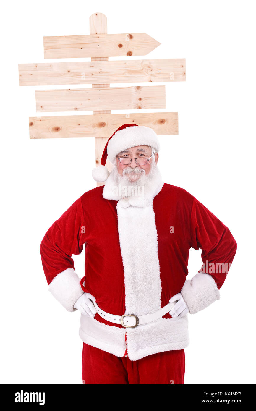 Santa Claus with standing front a wooden sign, isolated on white ...