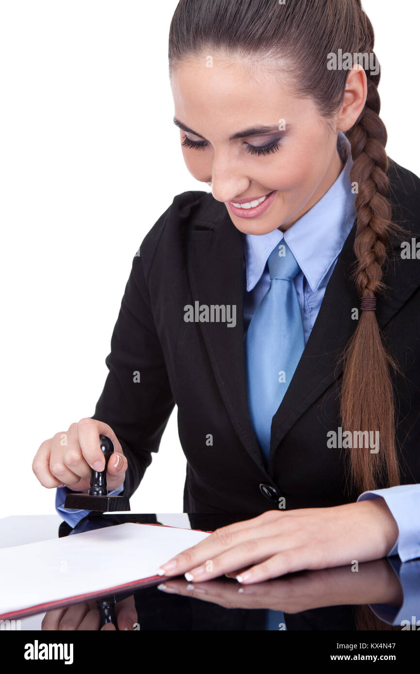young female notary public stamping document, isolated on white ...