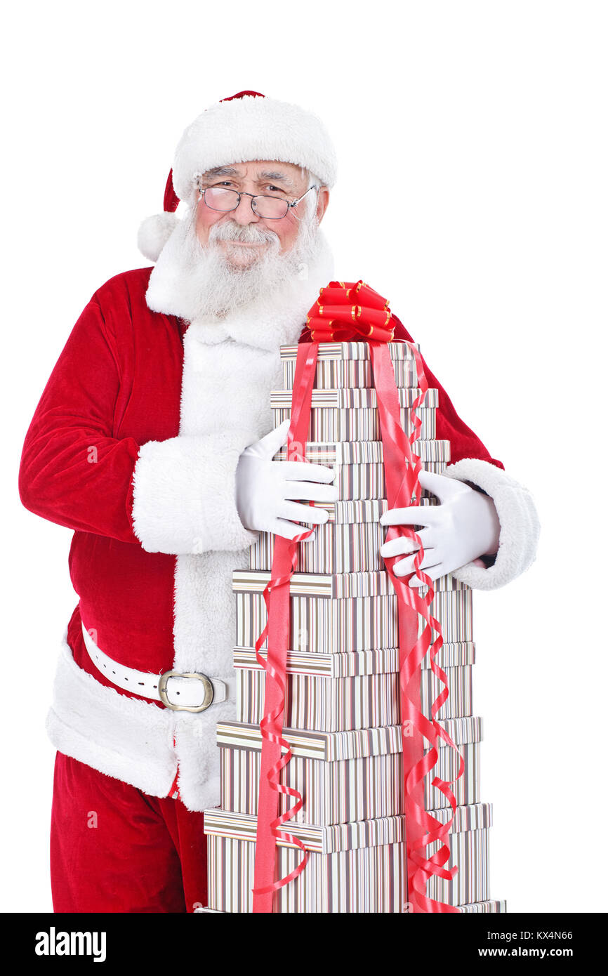 Santa Claus hugging lot of gift boxes, isolated on white background ...