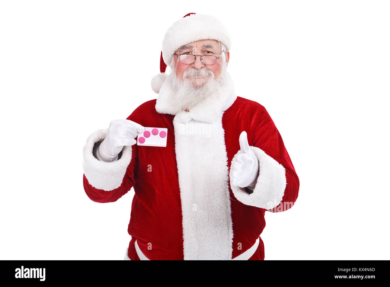 satisfied Santa Claus showing credit card, isolated on white background ...