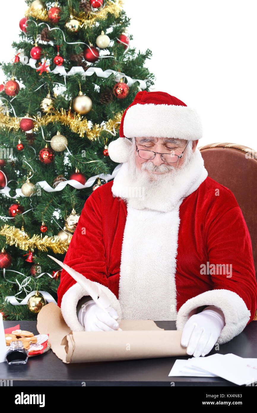 real Santa Claus writing list gifts on old paper scroll, isolated on ...
