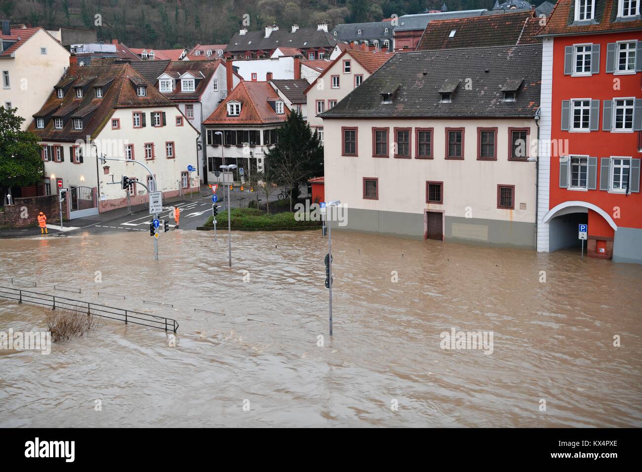 Heidelberg, Germany. 6th Jan, 2018. River Neckar floods the B37 ...