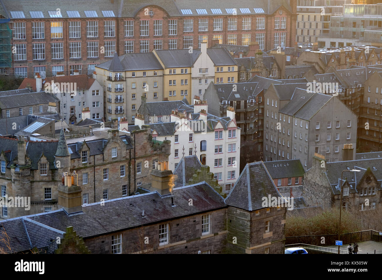 Sunset light over Old Town multi coloured buildings as viewed from ...