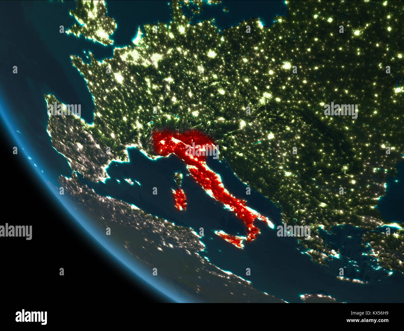 Italy from orbit of planet Earth at night with highly detailed surface ...