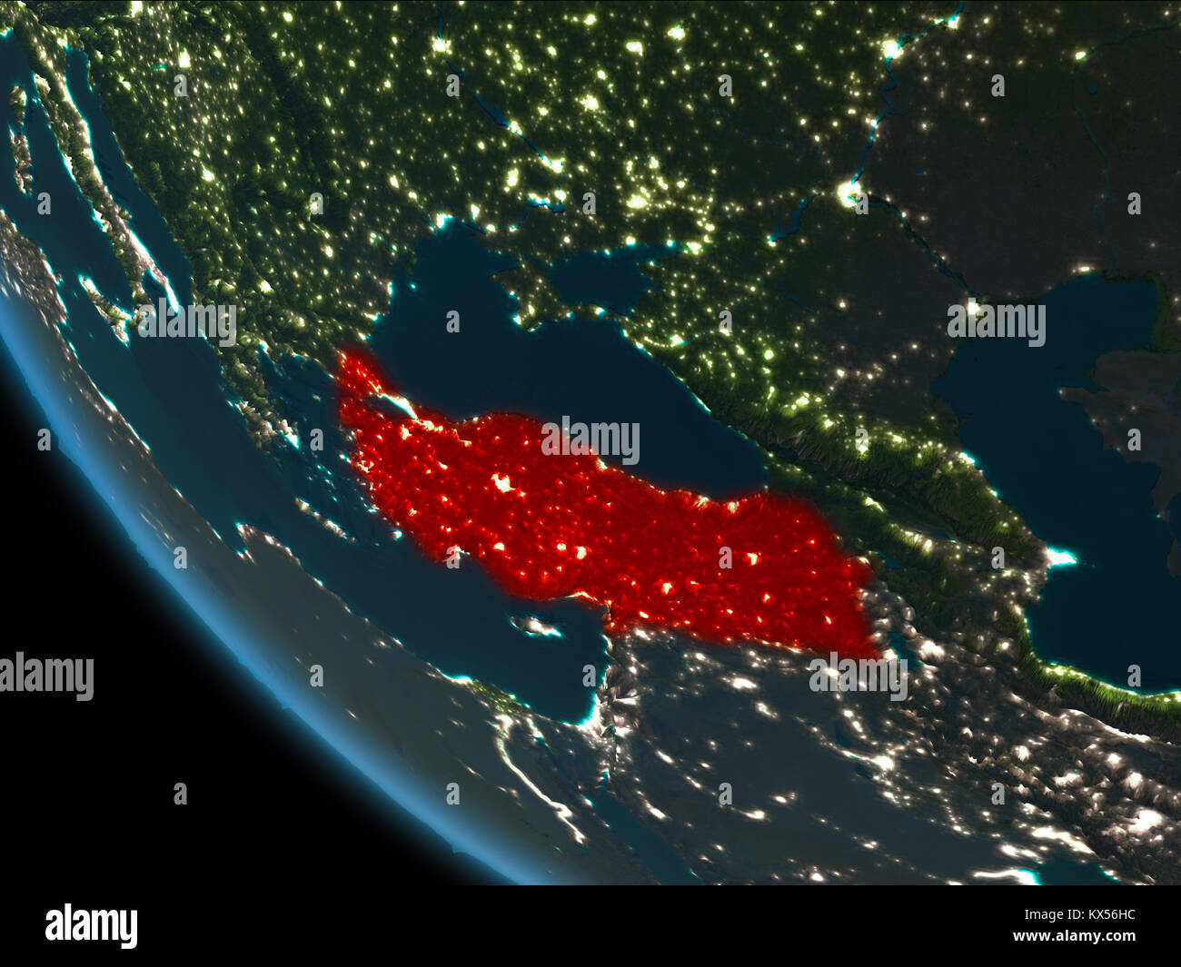 Turkey from orbit of planet Earth at night with highly detailed surface ...