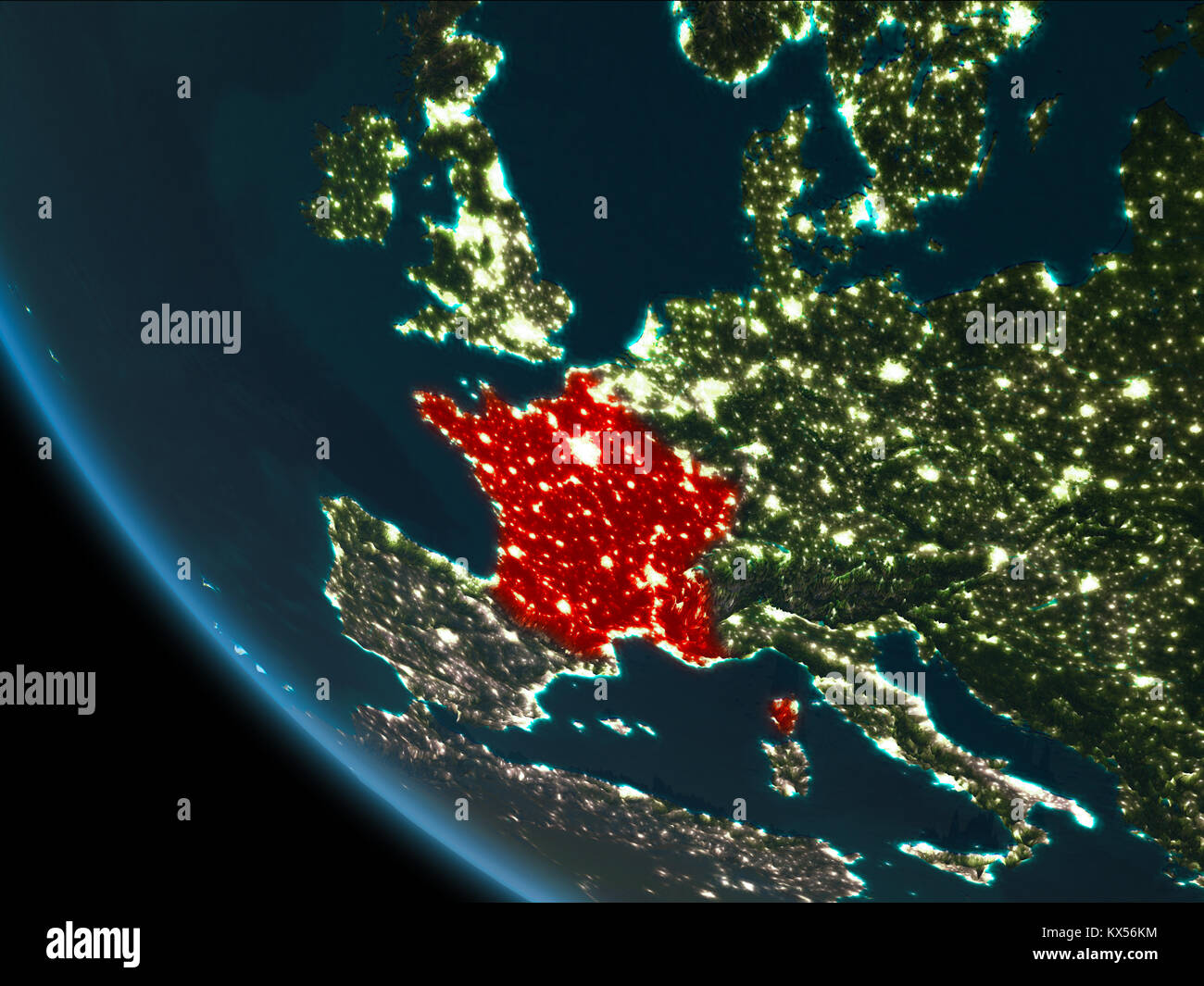 France from orbit of planet Earth at night with highly detailed surface ...