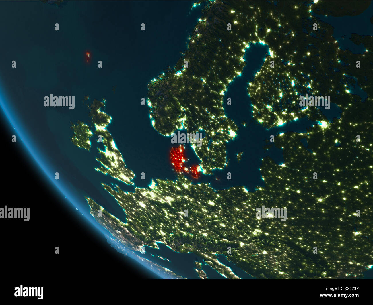 Denmark from orbit of planet Earth at night with highly detailed ...