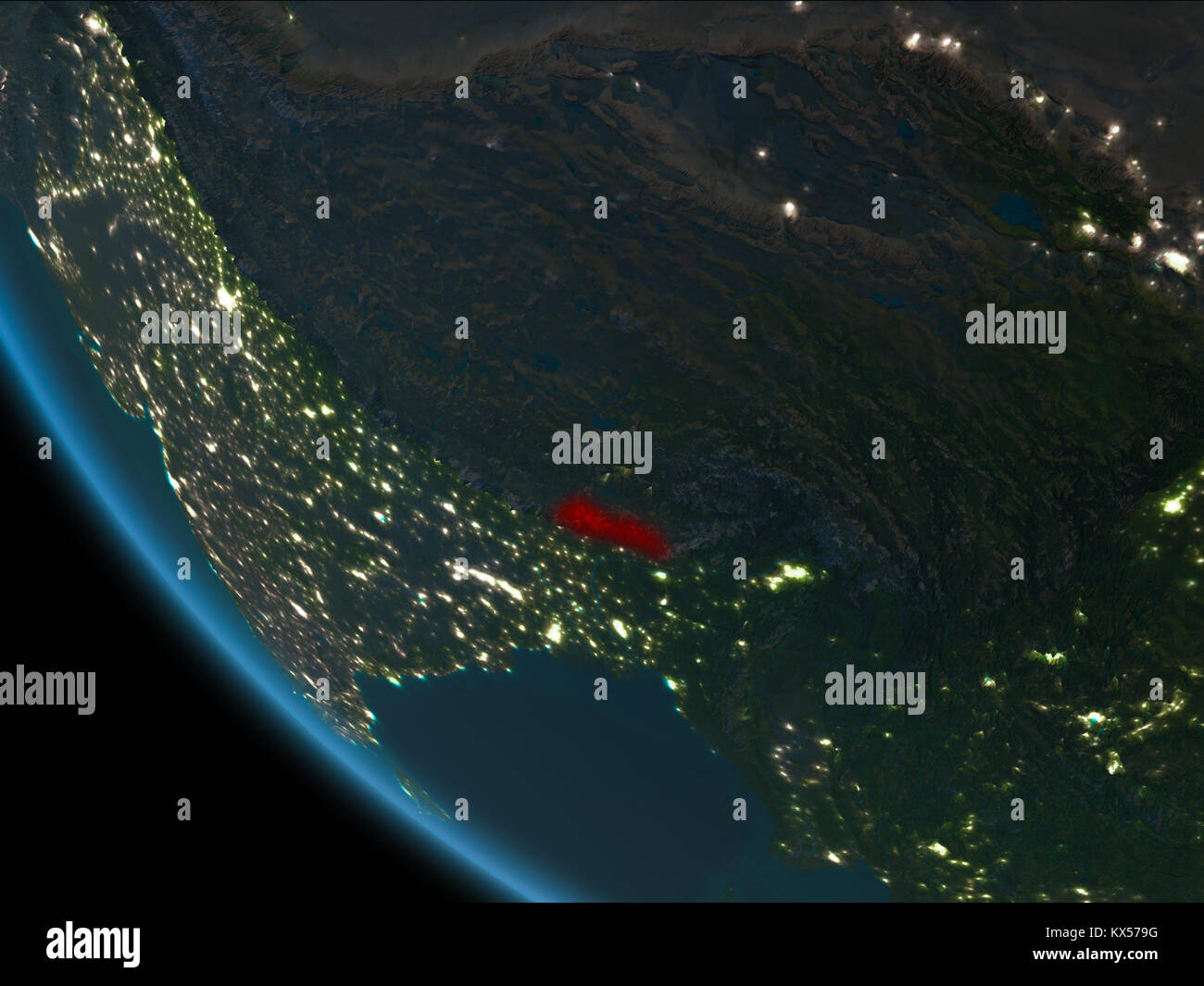 Bhutan from orbit of planet Earth at night with highly detailed surface ...