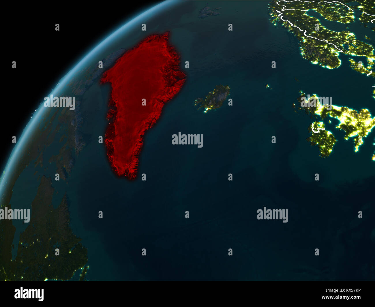 Greenland in red on planet Earth at night with visible borderlines and city lights. 3D ...