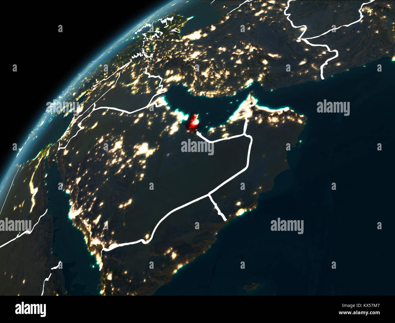 Qatar in red on planet Earth at night with visible borderlines and city ...
