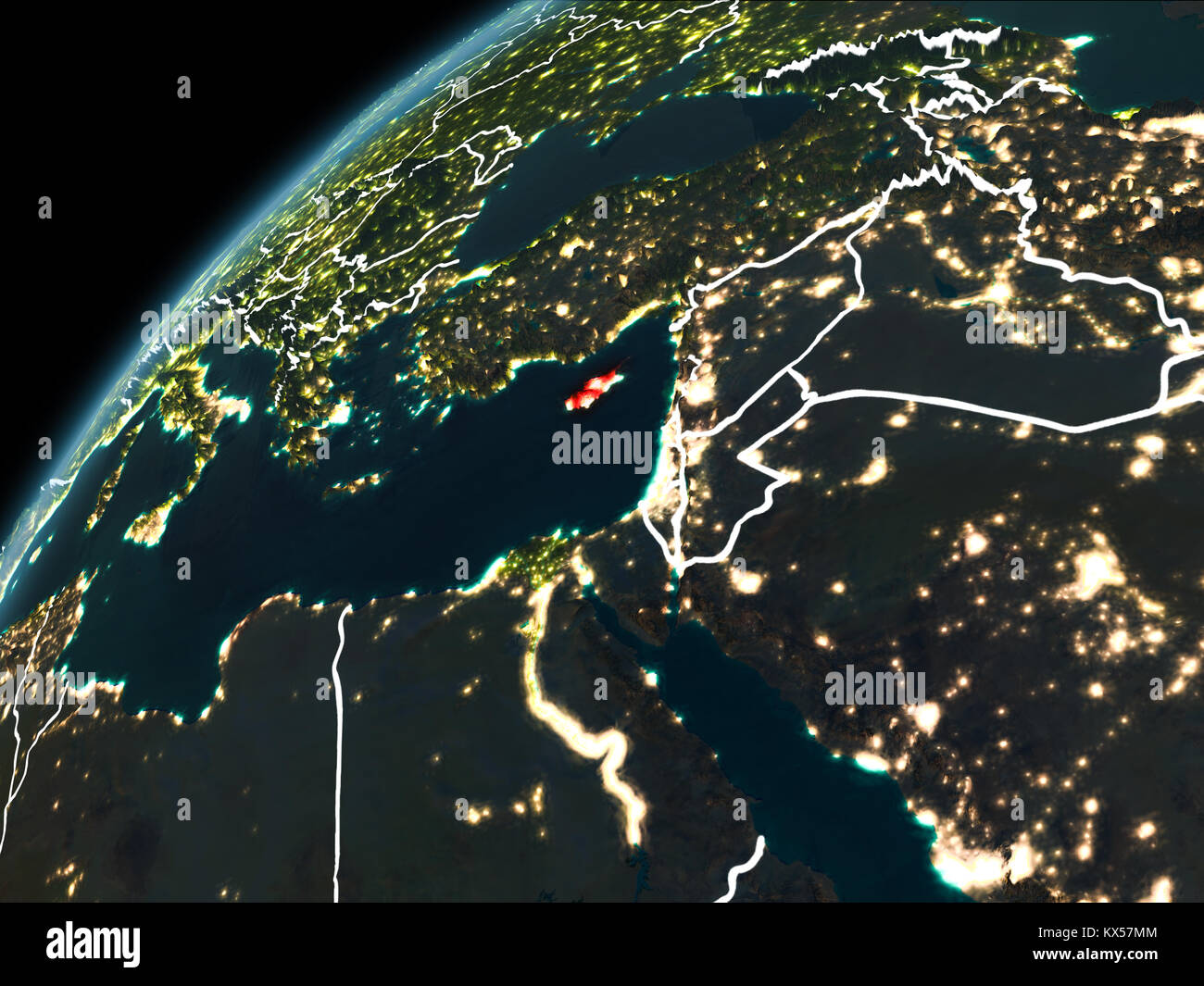 Cyprus in red on planet Earth at night with visible borderlines and ...