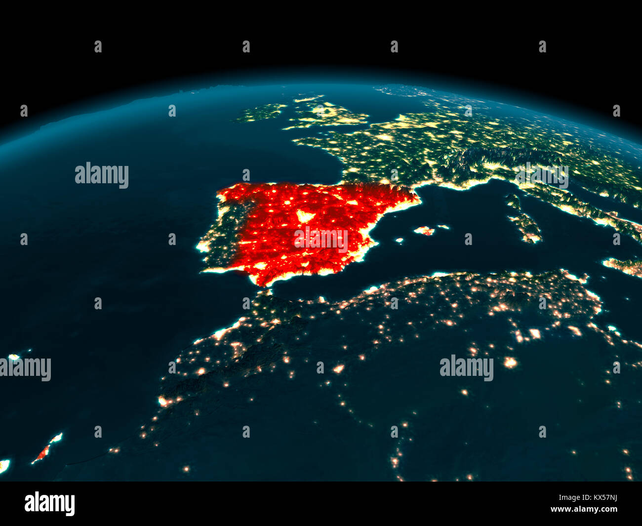 Country of Spain in red on planet Earth at night. 3D illustration ...