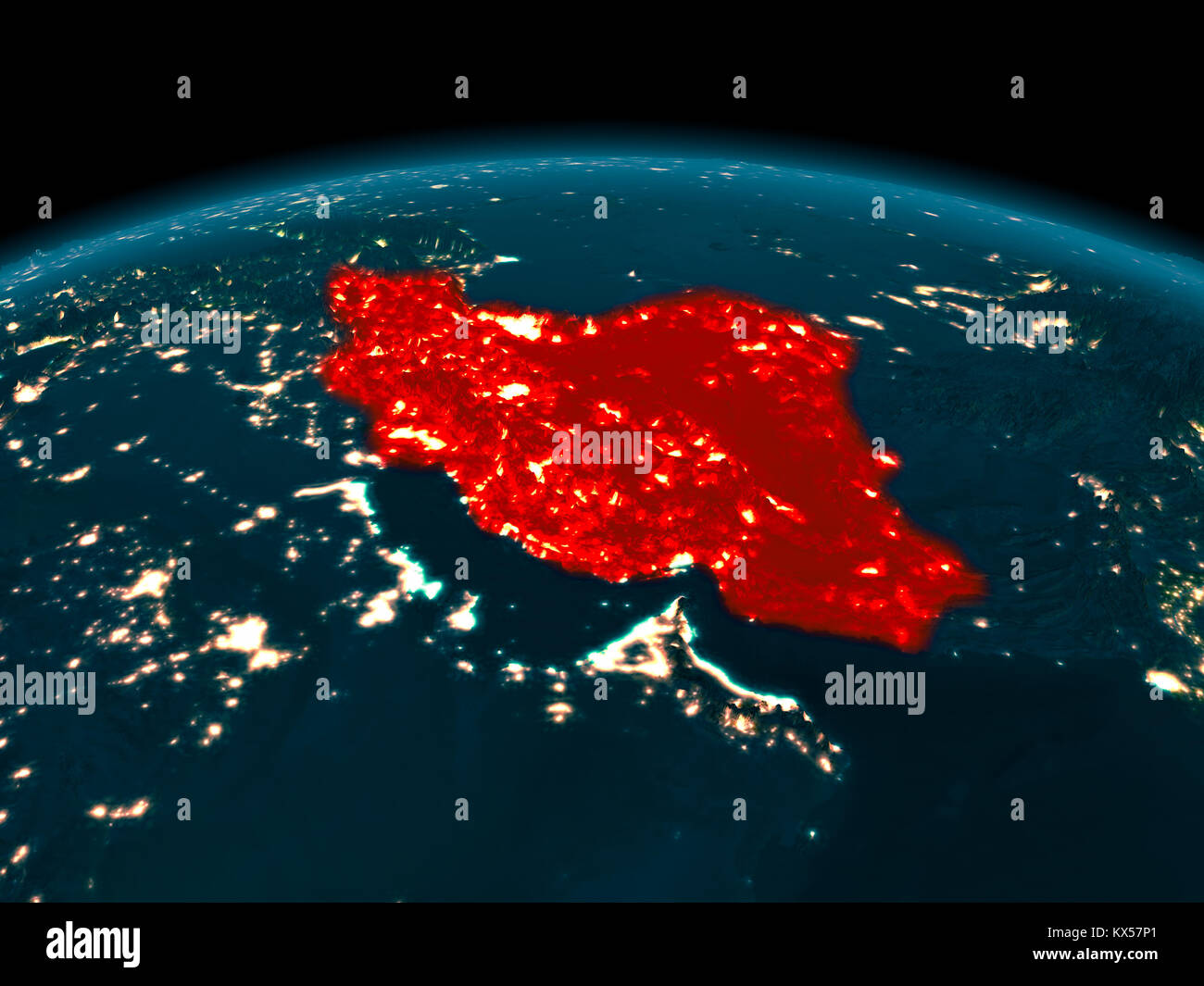 Country of Iran in red on planet Earth at night. 3D illustration ...