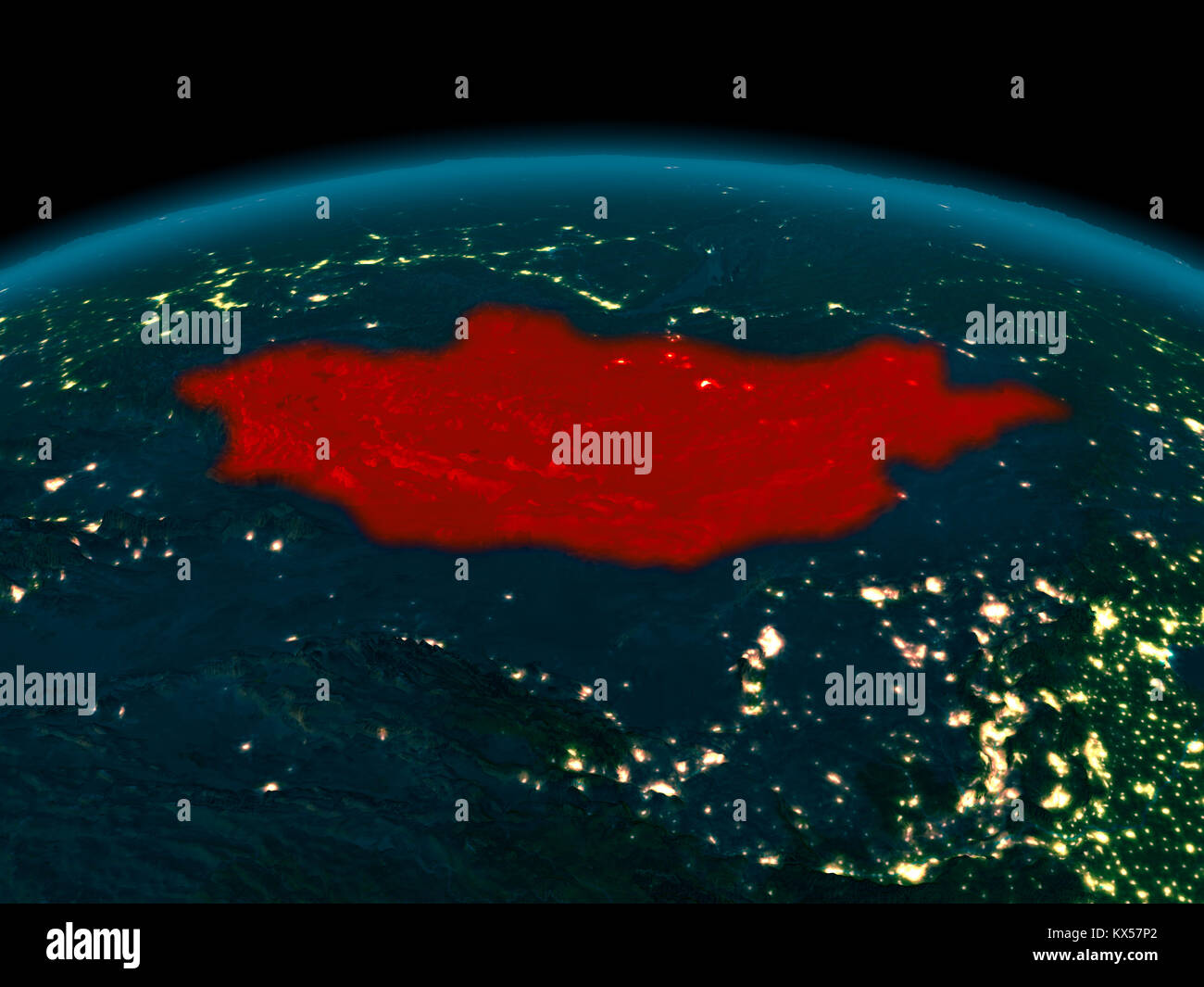 Country of Mongolia in red on planet Earth at night. 3D illustration ...