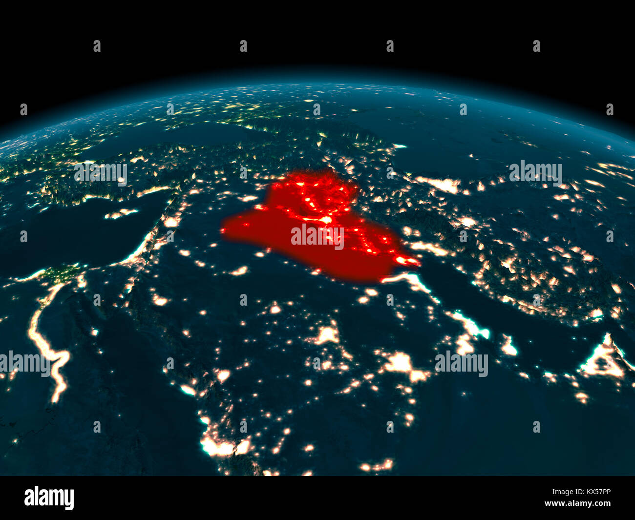 Country of Iraq in red on planet Earth at night. 3D illustration ...