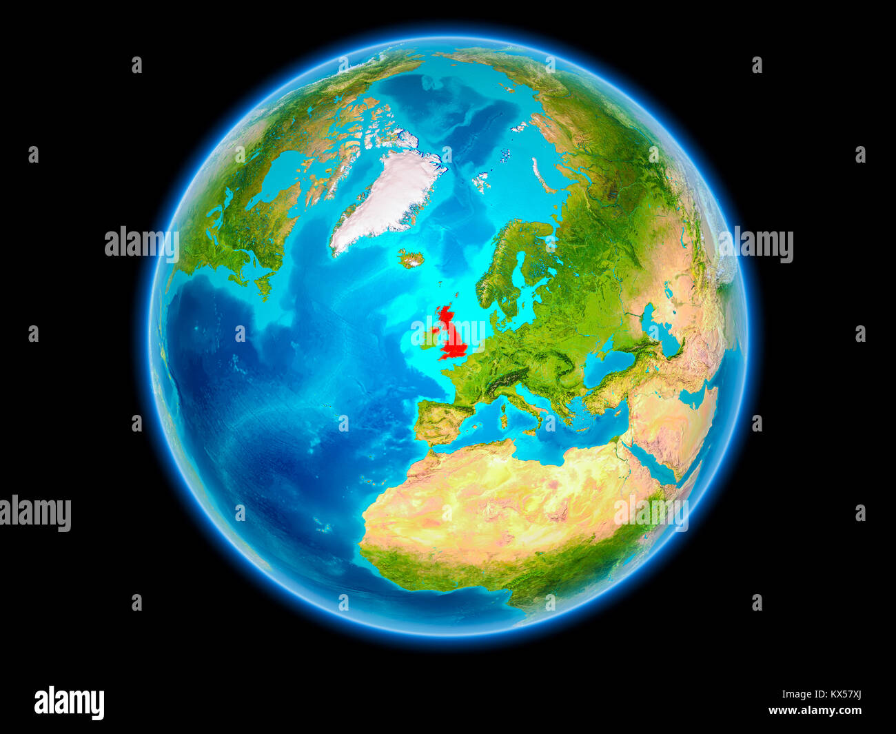 United Kingdom in red on planet Earth as seen from space on full sphere ...
