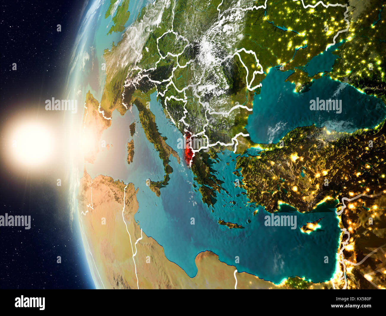 Satellite view of Albania highlighted in red on planet Earth with ...