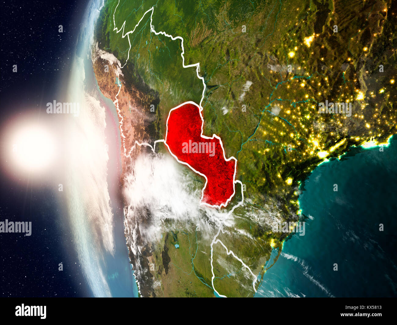 Satellite view of Paraguay highlighted in red on planet Earth with ...