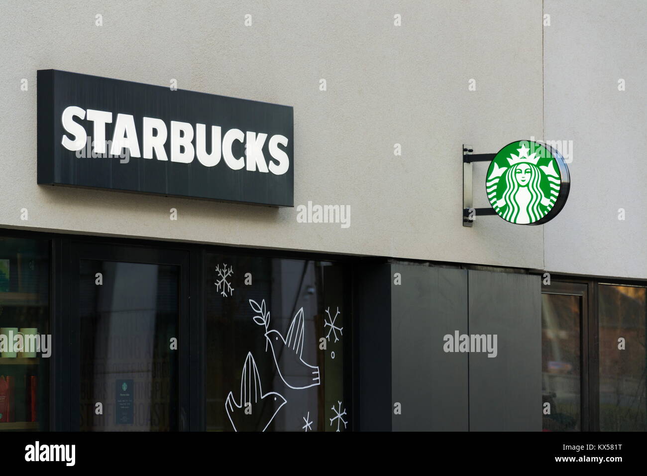 PRAGUE, CZECH REPUBLIC - JANUARY 6: Starbucks coffee company logo on ...