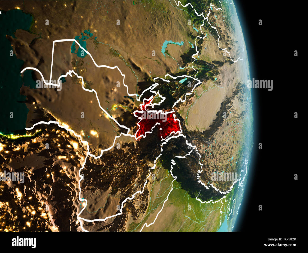 Satellite morning view of Tajikistan highlighted in red on planet Earth with visible border ...
