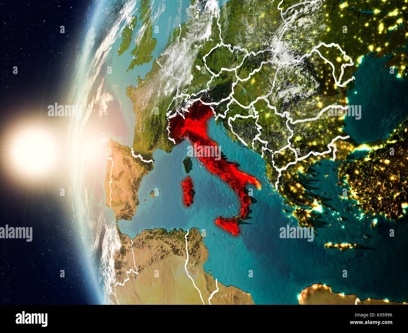 Satellite view of Italy highlighted in red on planet Earth with clouds ...