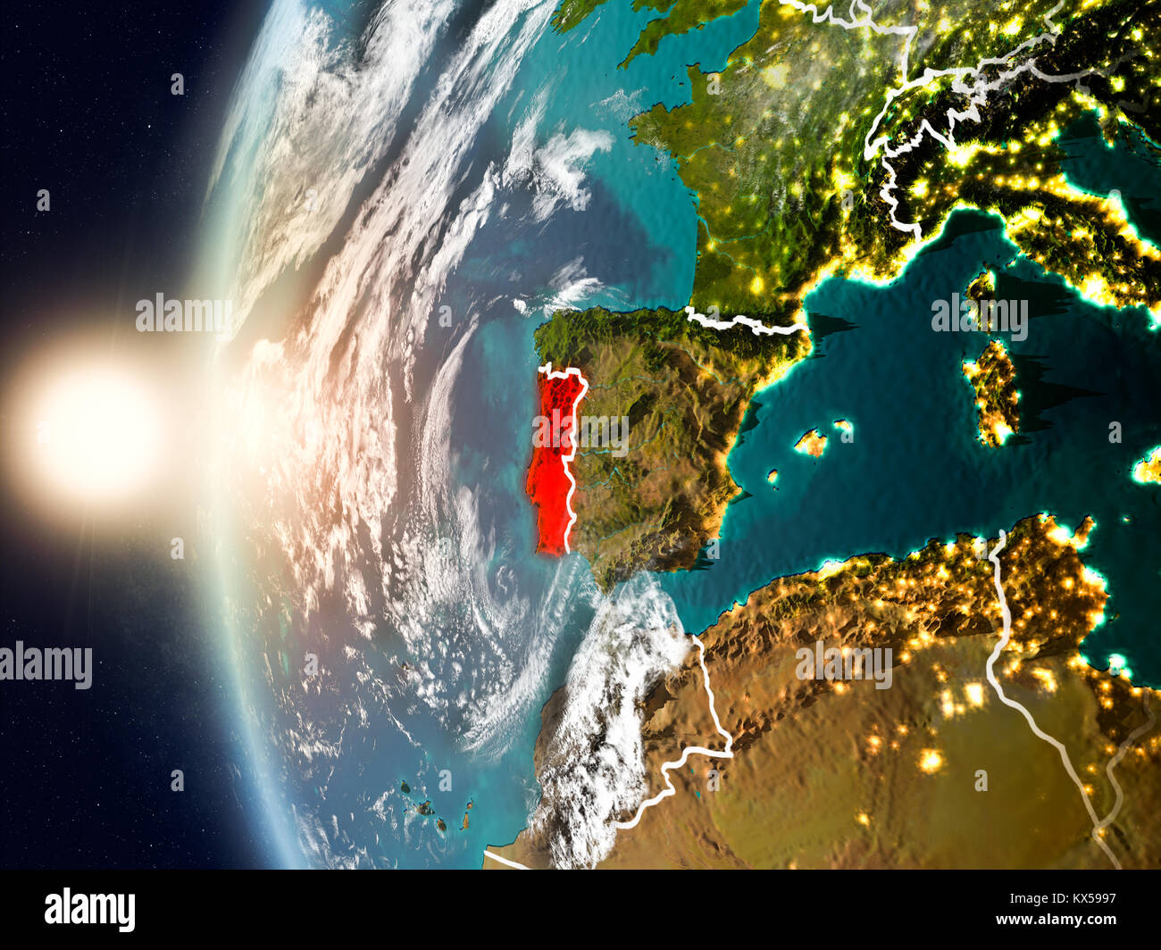 Satellite view of Portugal highlighted in red on planet Earth with ...