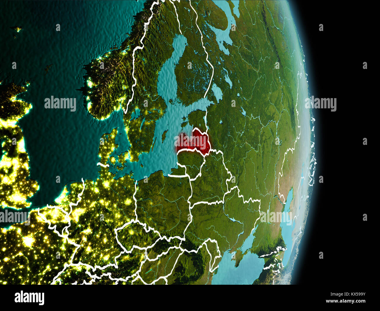 Satellite morning view of Latvia highlighted in red on planet Earth ...