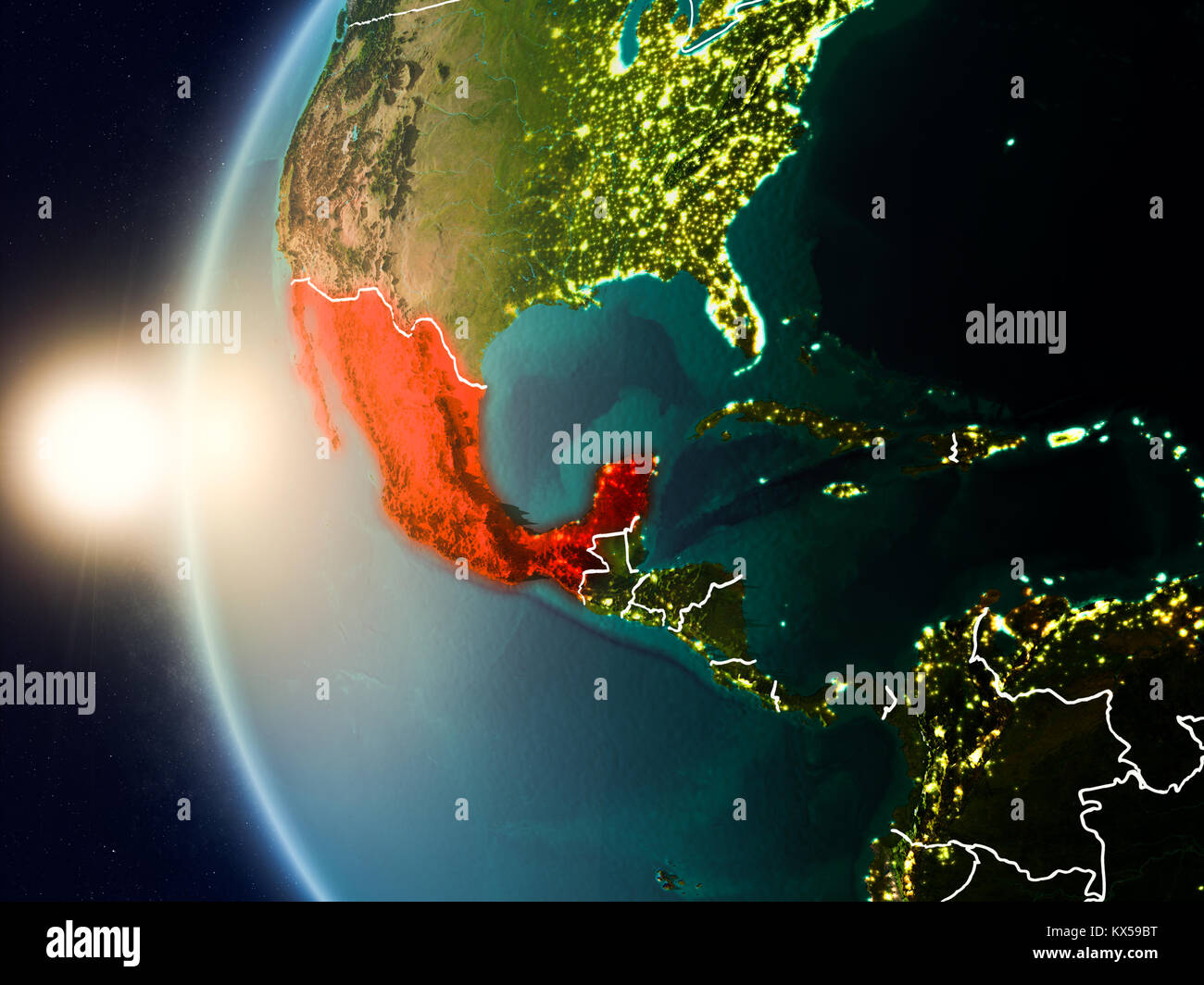 Illustration of Mexico as seen from Earth’s orbit during sunset with ...