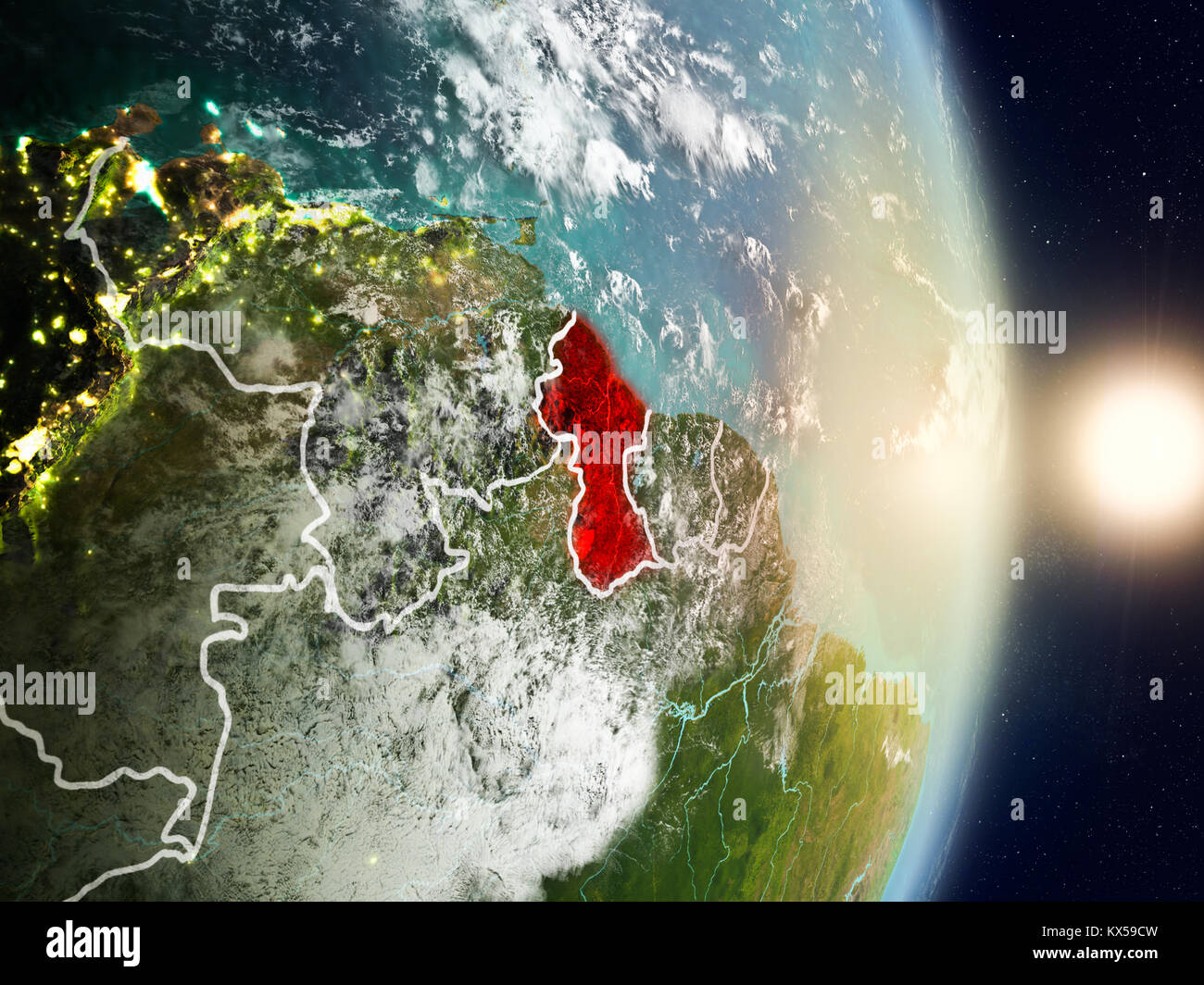Guyana during sunrise highlighted in red on planet Earth with visible ...