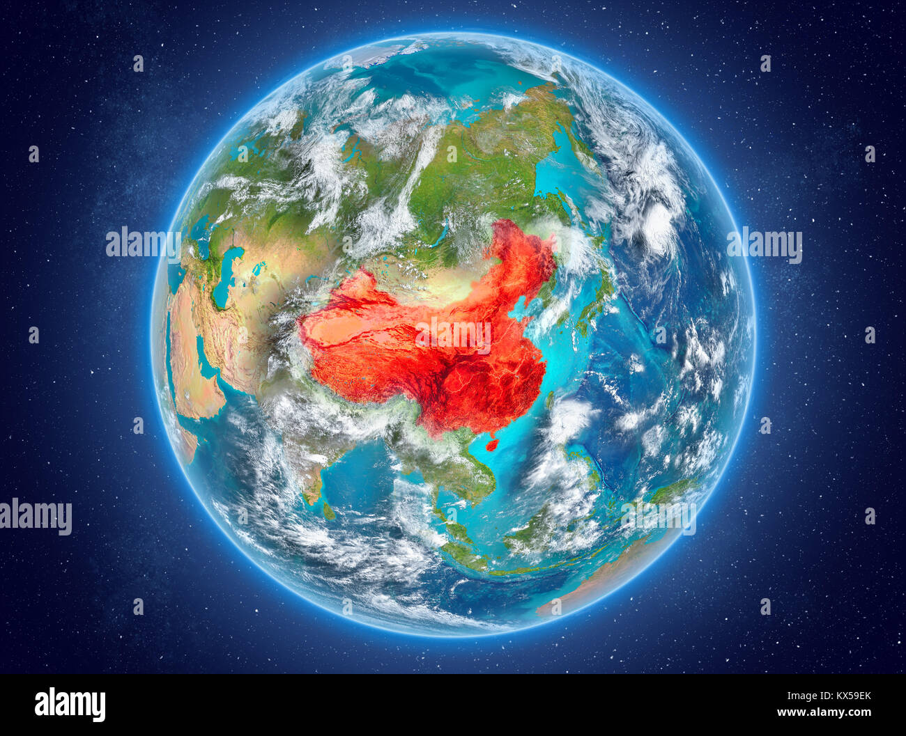 China in red on model of planet Earth with clouds and atmosphere in ...