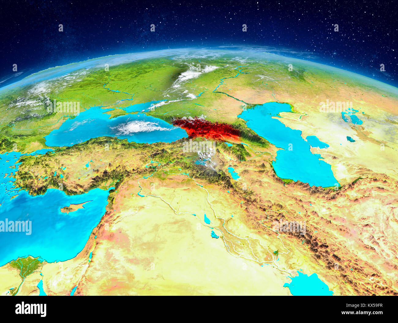 Orbit view of Georgia highlighted in red on planet Earth with highly ...