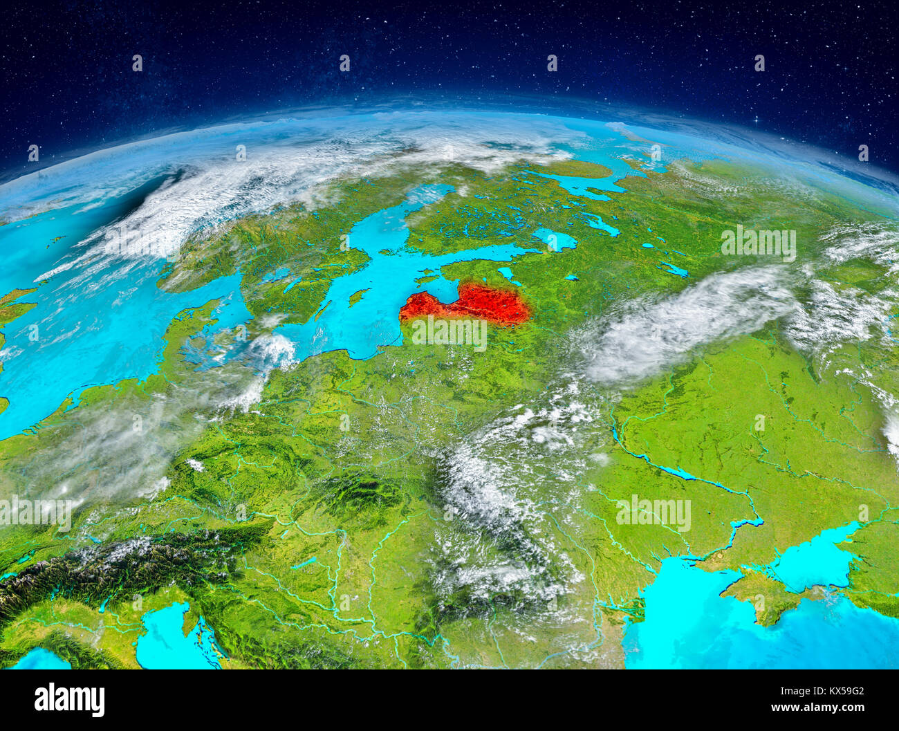 Orbit view of Latvia highlighted in red on planet Earth with highly detailed surface textures ...