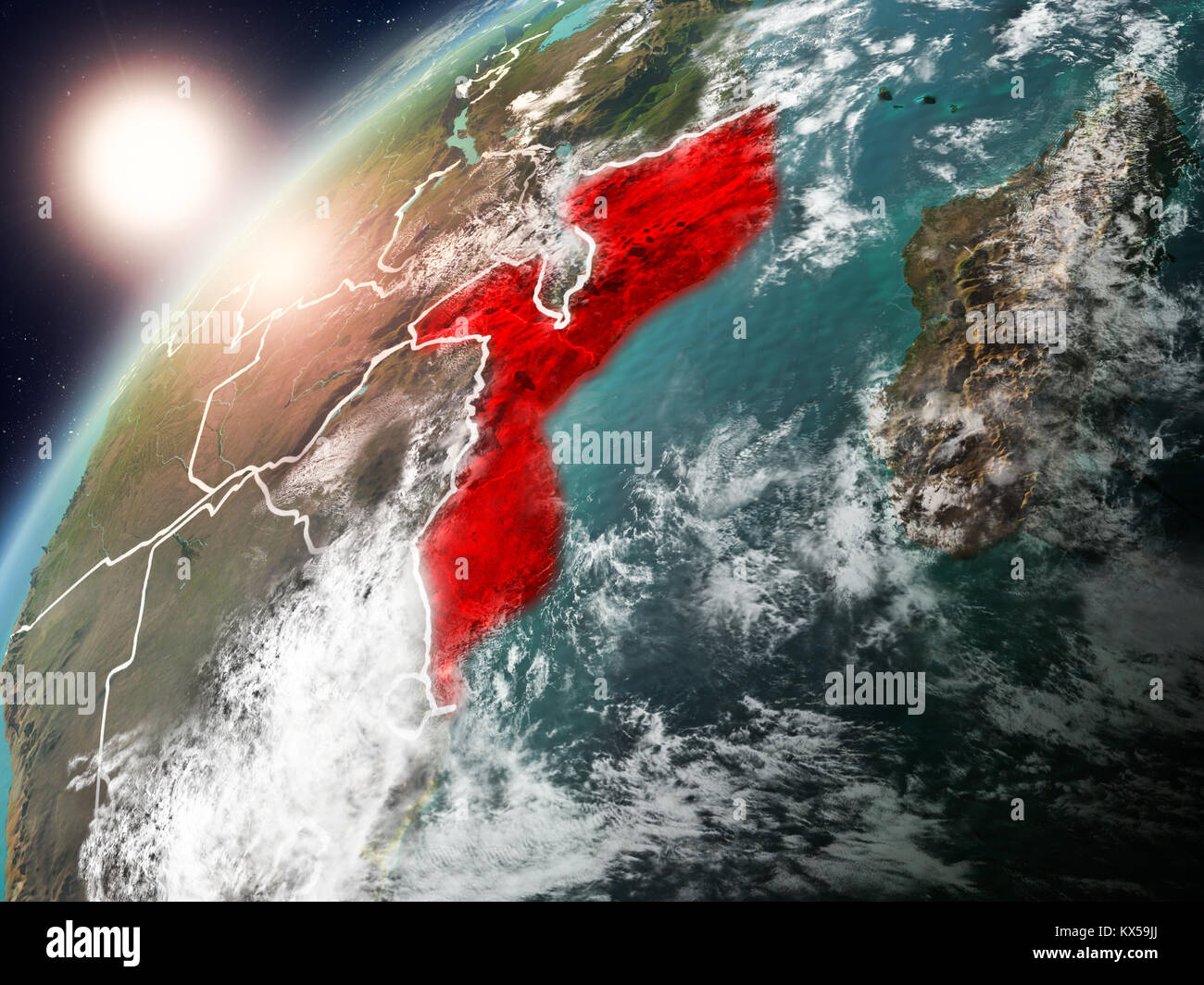 Mozambique during sunset highlighted in red on planet Earth with clouds and visible country ...