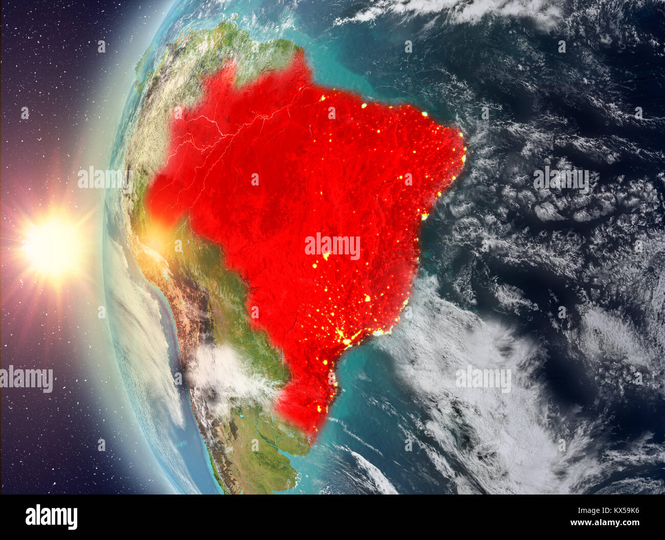 Brazil as seen from space on planet Earth during sunset. 3D ...