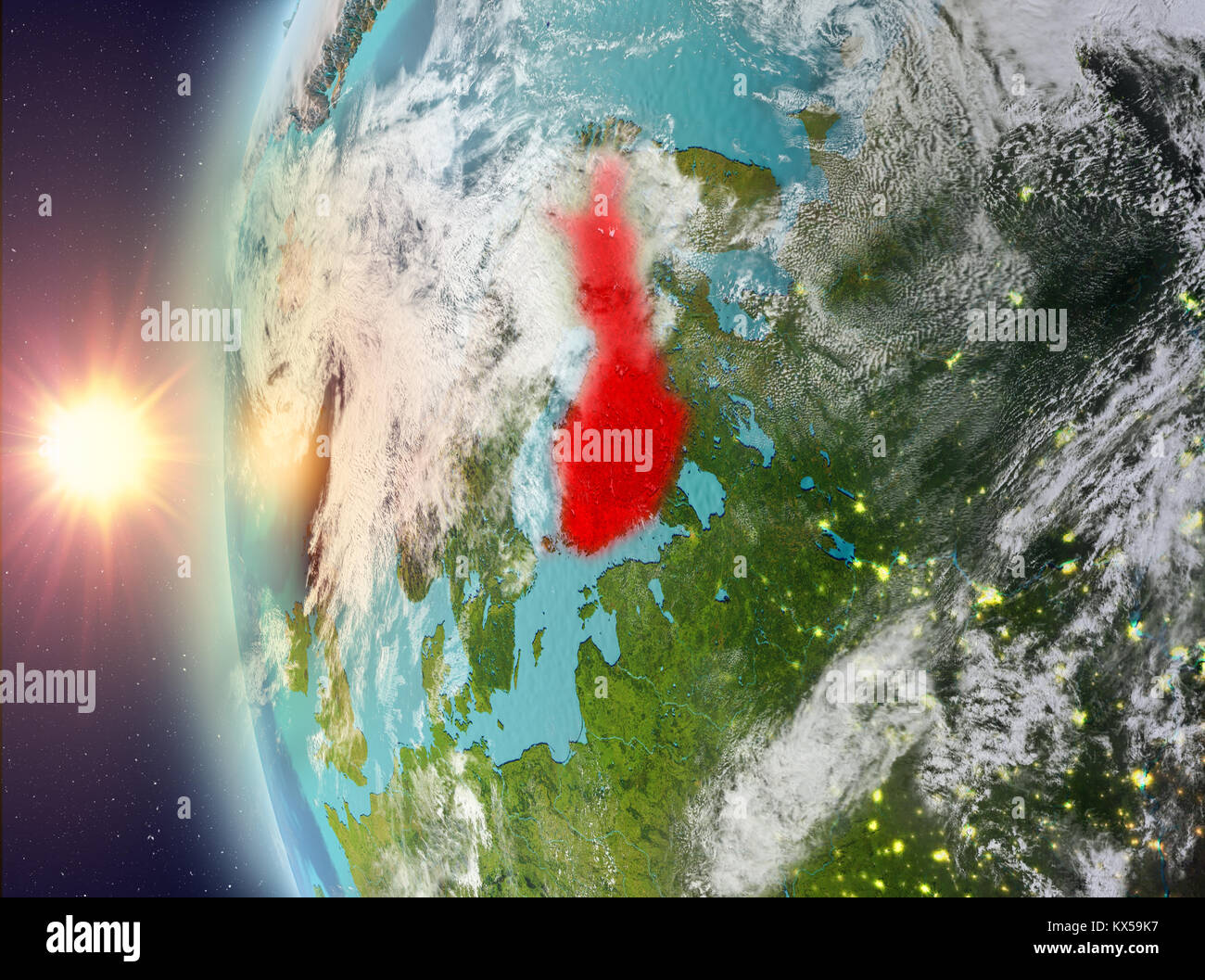 Finland as seen from space on planet Earth during sunset. 3D ...