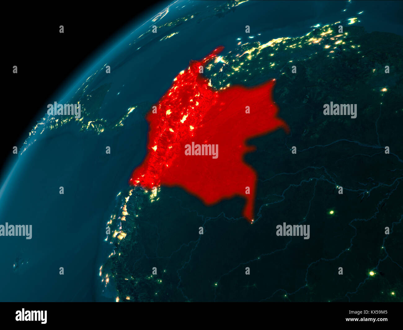 Night map of Colombia as seen from space on planet Earth. 3D ...