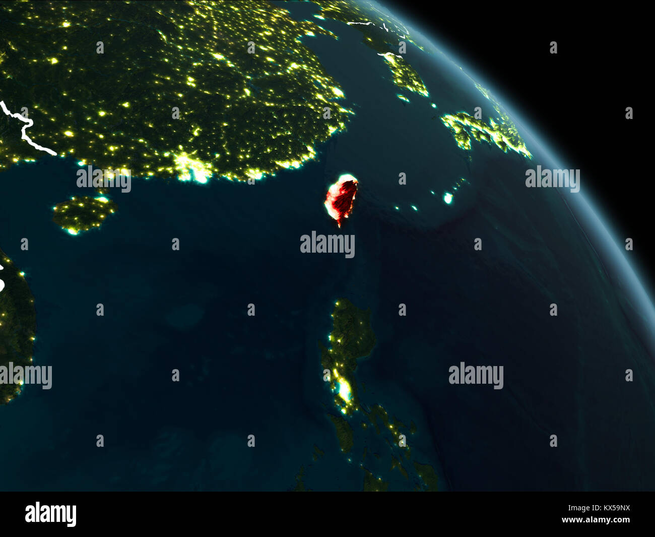 Taiwan from orbit of planet Earth at night with visible borderlines and ...