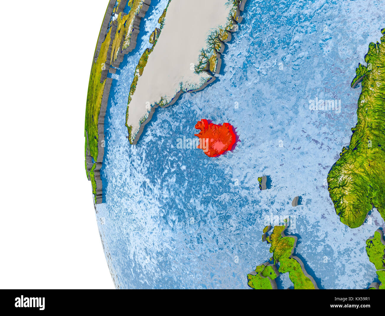 Iceland in red on globe with real land surface, visible country borders ...