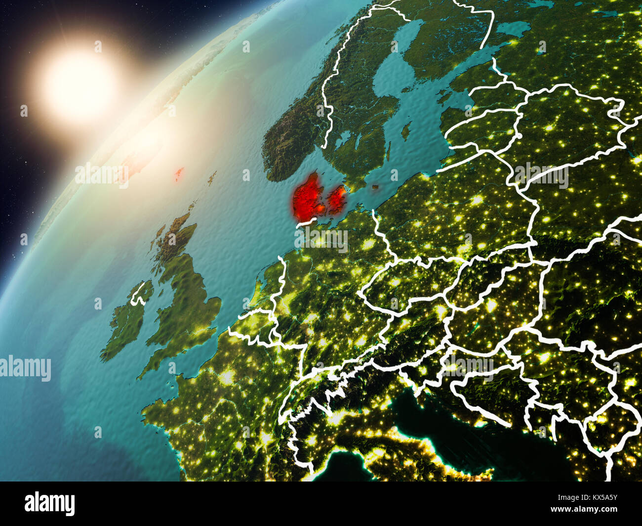 Denmark during sunset highlighted in red on planet Earth with visible ...