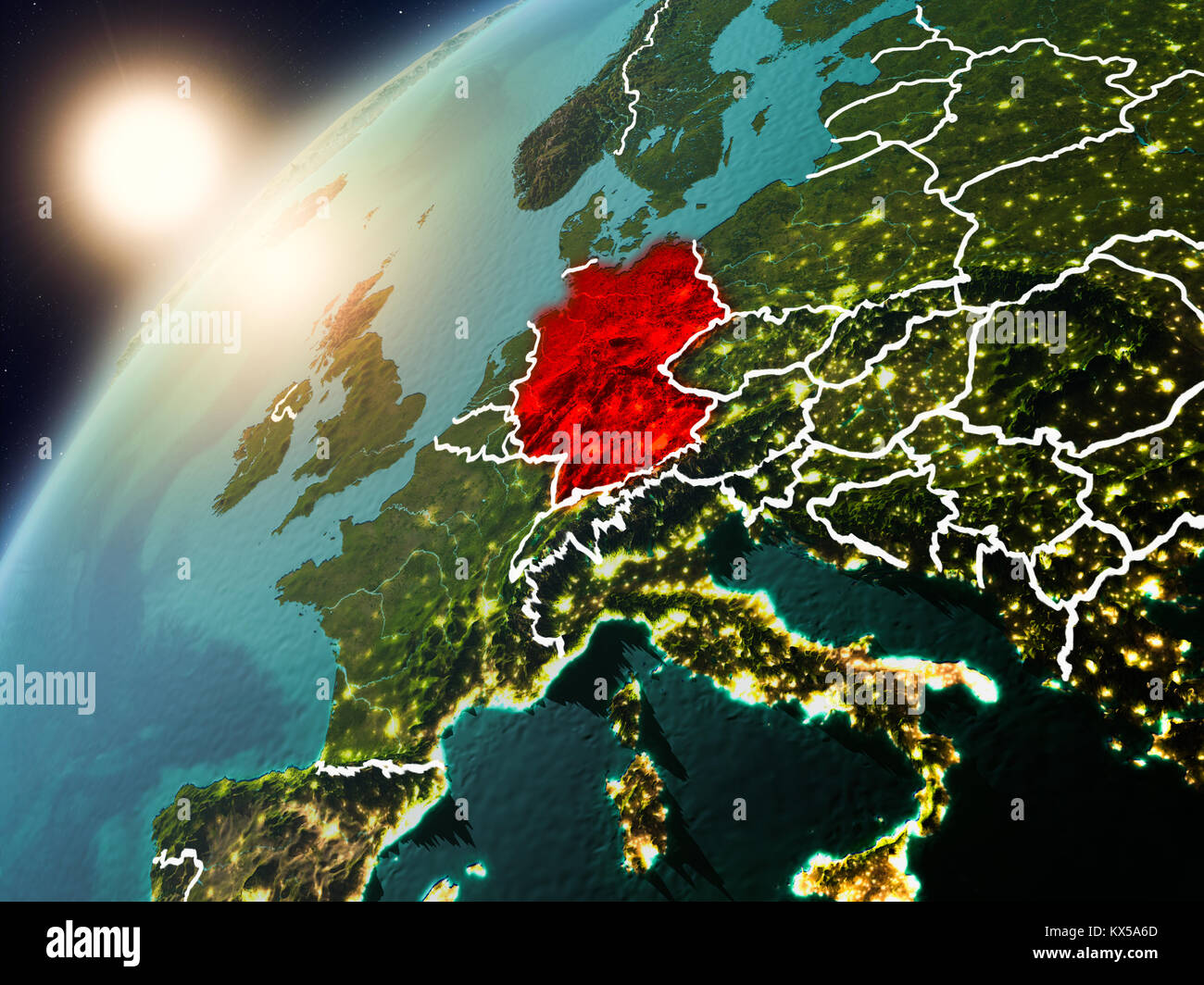 Germany during sunset highlighted in red on planet Earth with visible ...