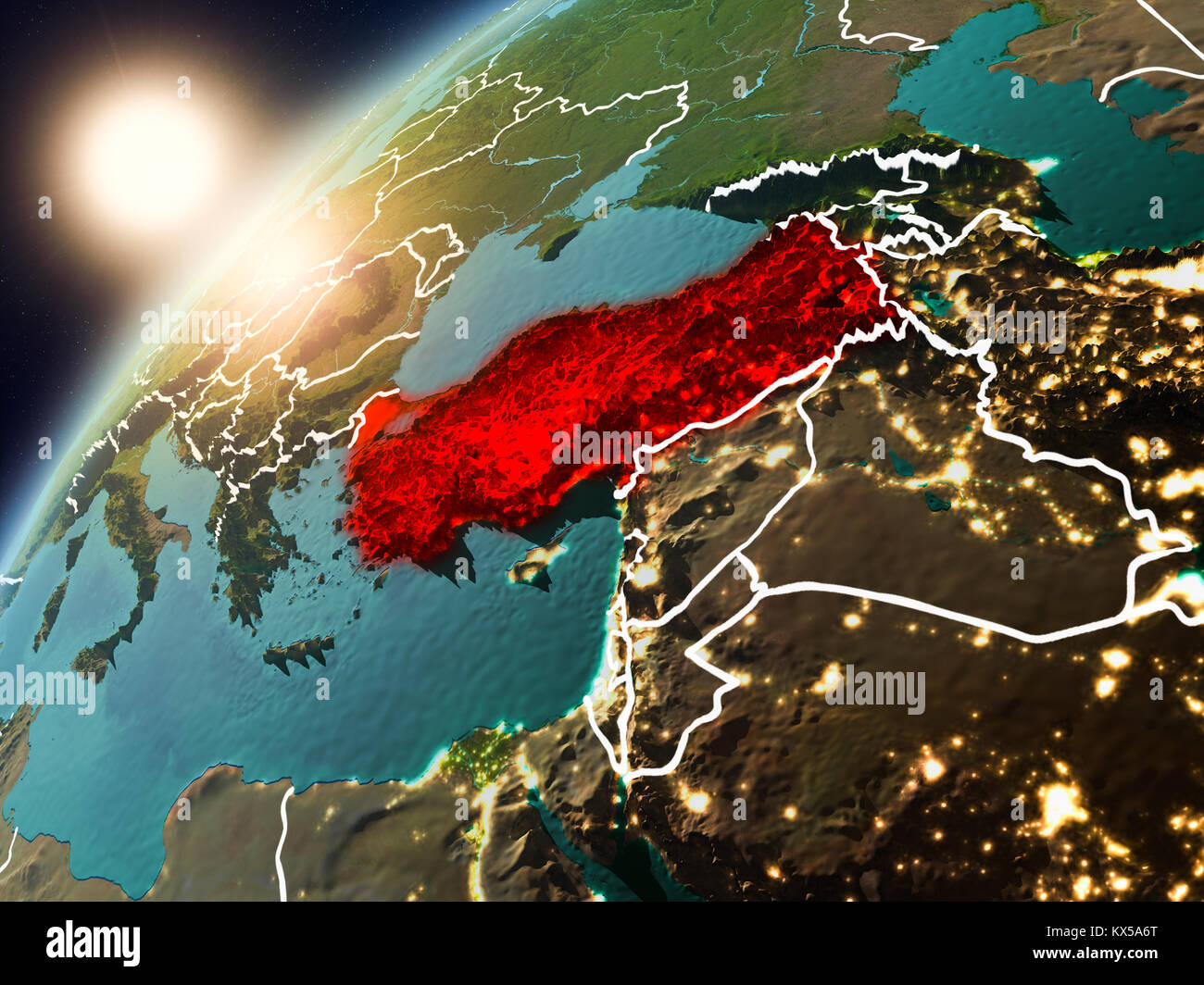 Turkey during sunset highlighted in red on planet Earth with visible country borders. 3D ...