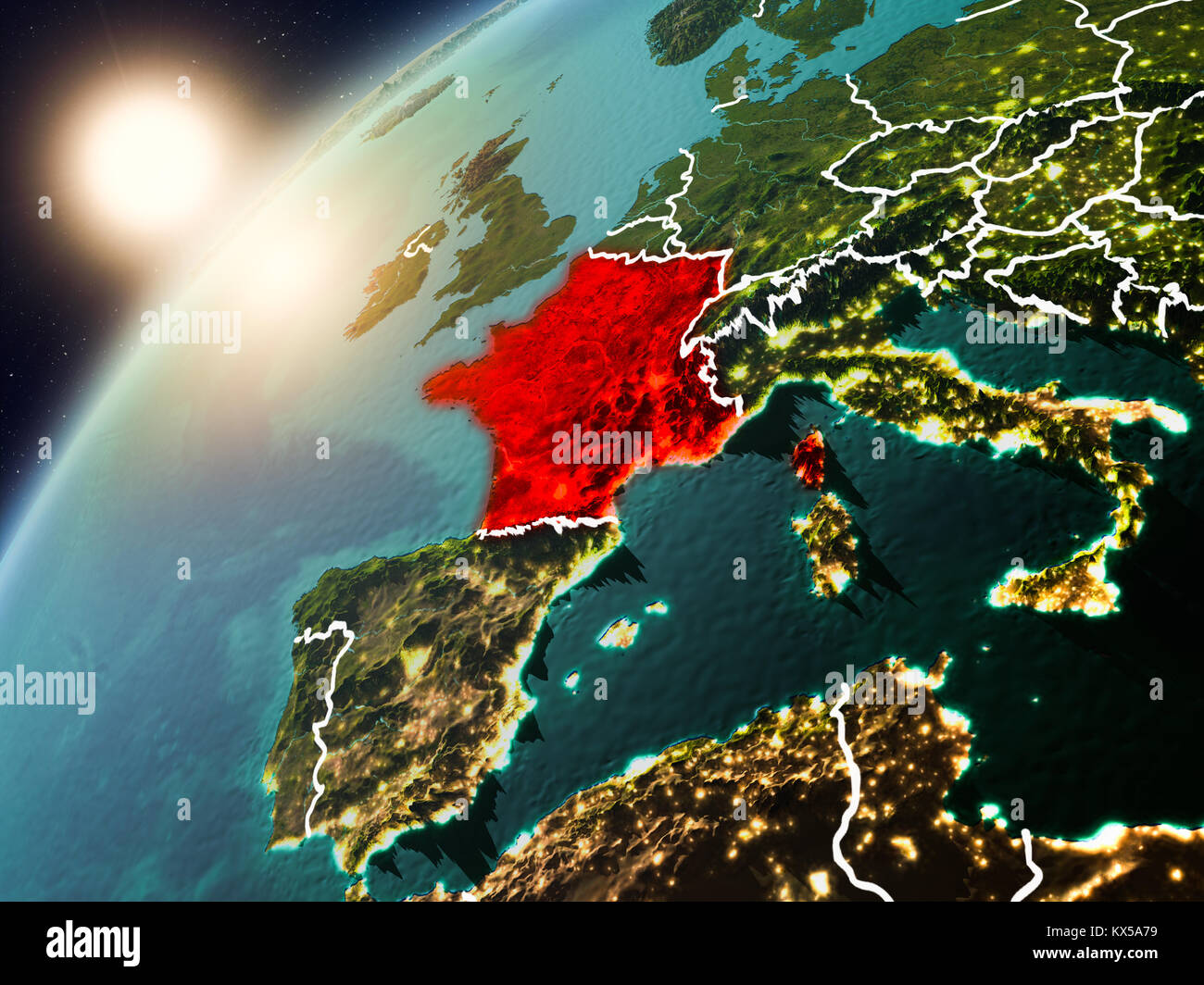 France during sunset highlighted in red on planet Earth with visible ...