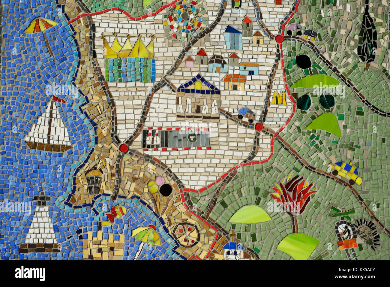 A modern mosaic on a shop wall in Paphos showing a map of the town ...