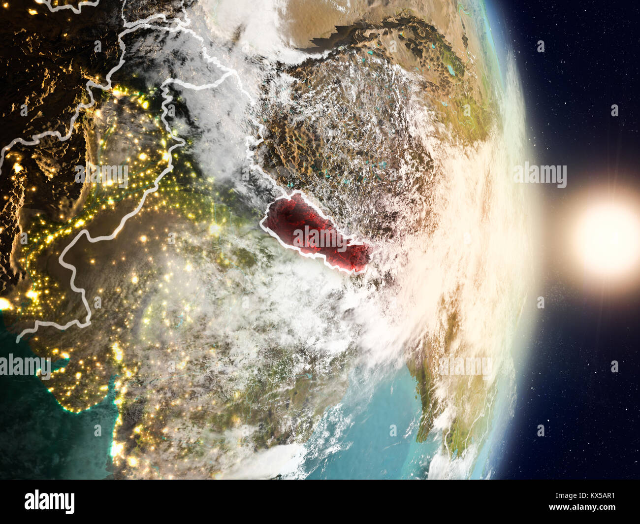 Nepal during sunrise highlighted in red on planet Earth with visible ...