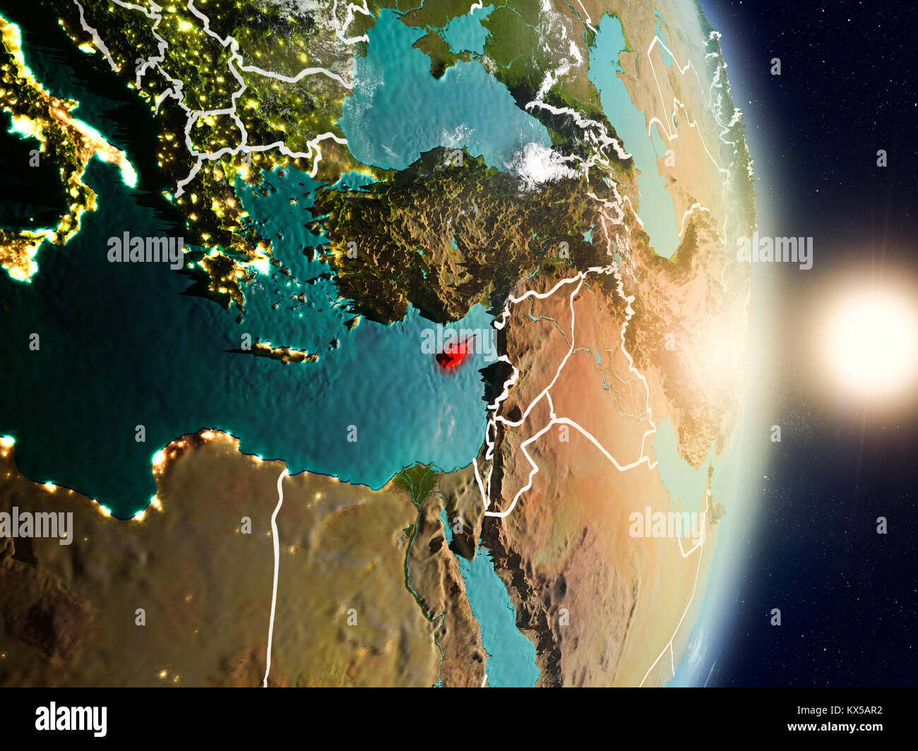 Cyprus during sunrise highlighted in red on planet Earth with visible ...