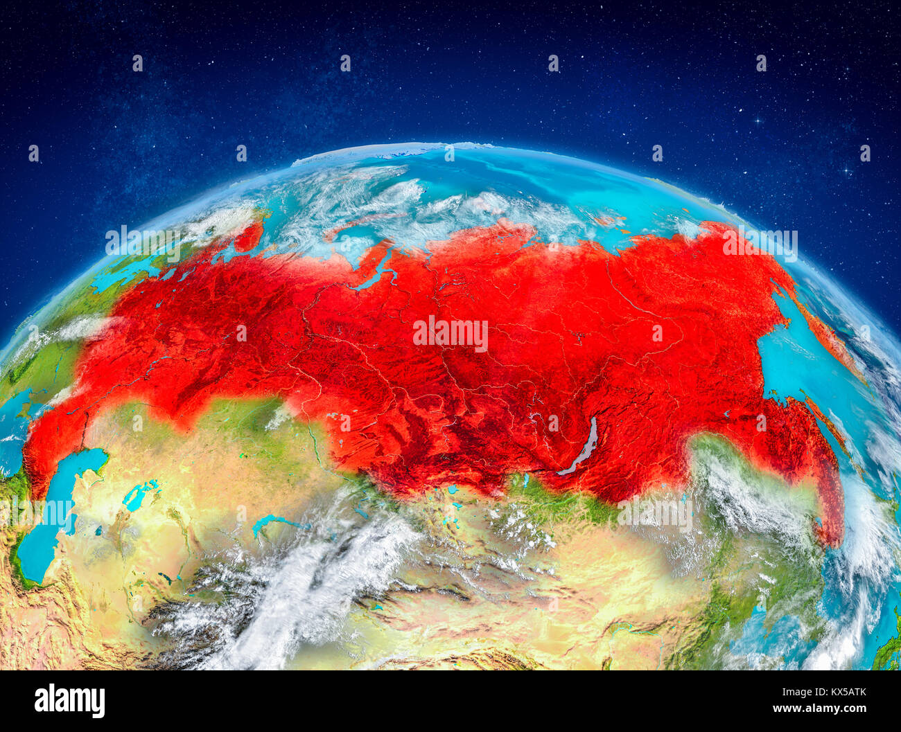 Orbit view of Russia highlighted in red on planet Earth with highly ...