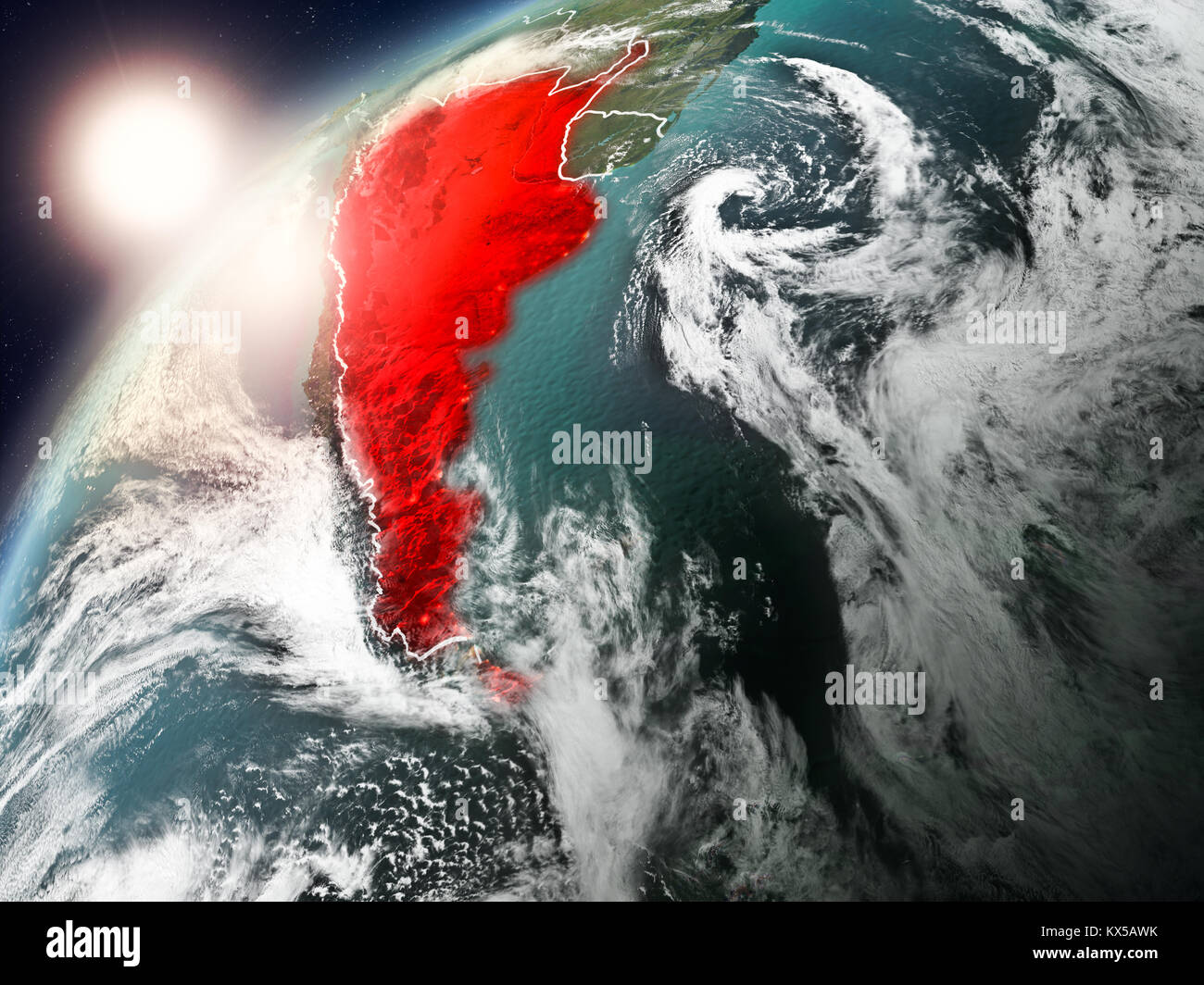 Argentina during sunset highlighted in red on planet Earth with clouds and visible country ...