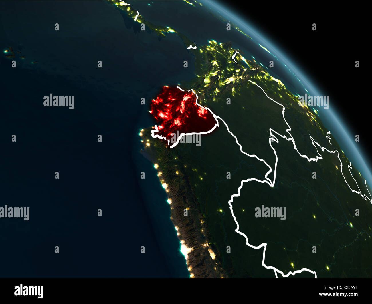 Ecuador from orbit of planet Earth at night with visible borderlines ...
