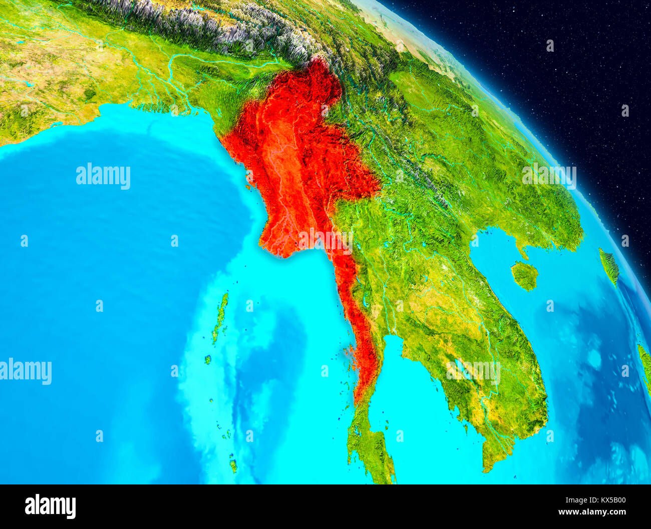 Space view of Myanmar highlighted in red on planet Earth. 3D ...
