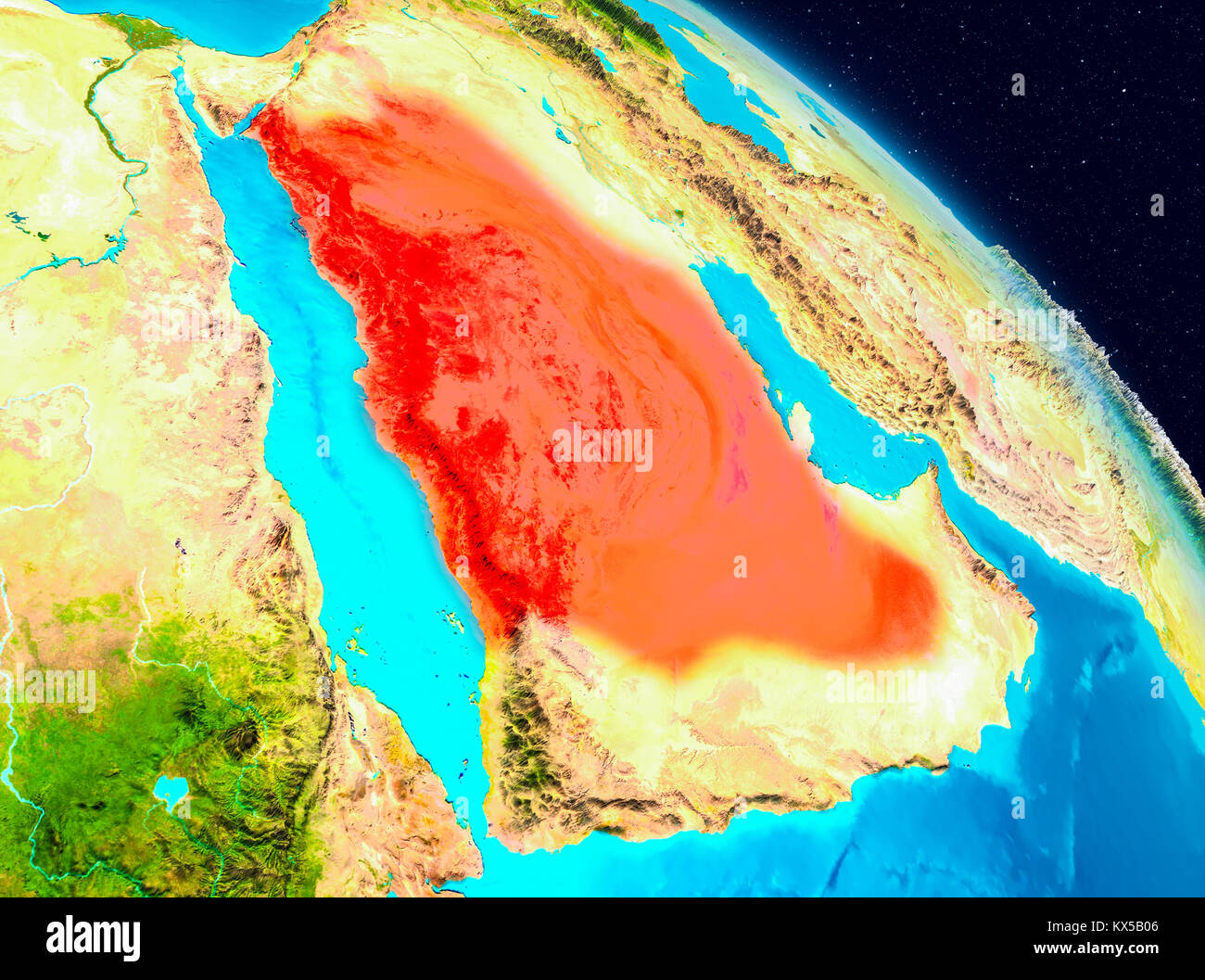 Space view of Saudi Arabia highlighted in red on planet Earth. 3D ...